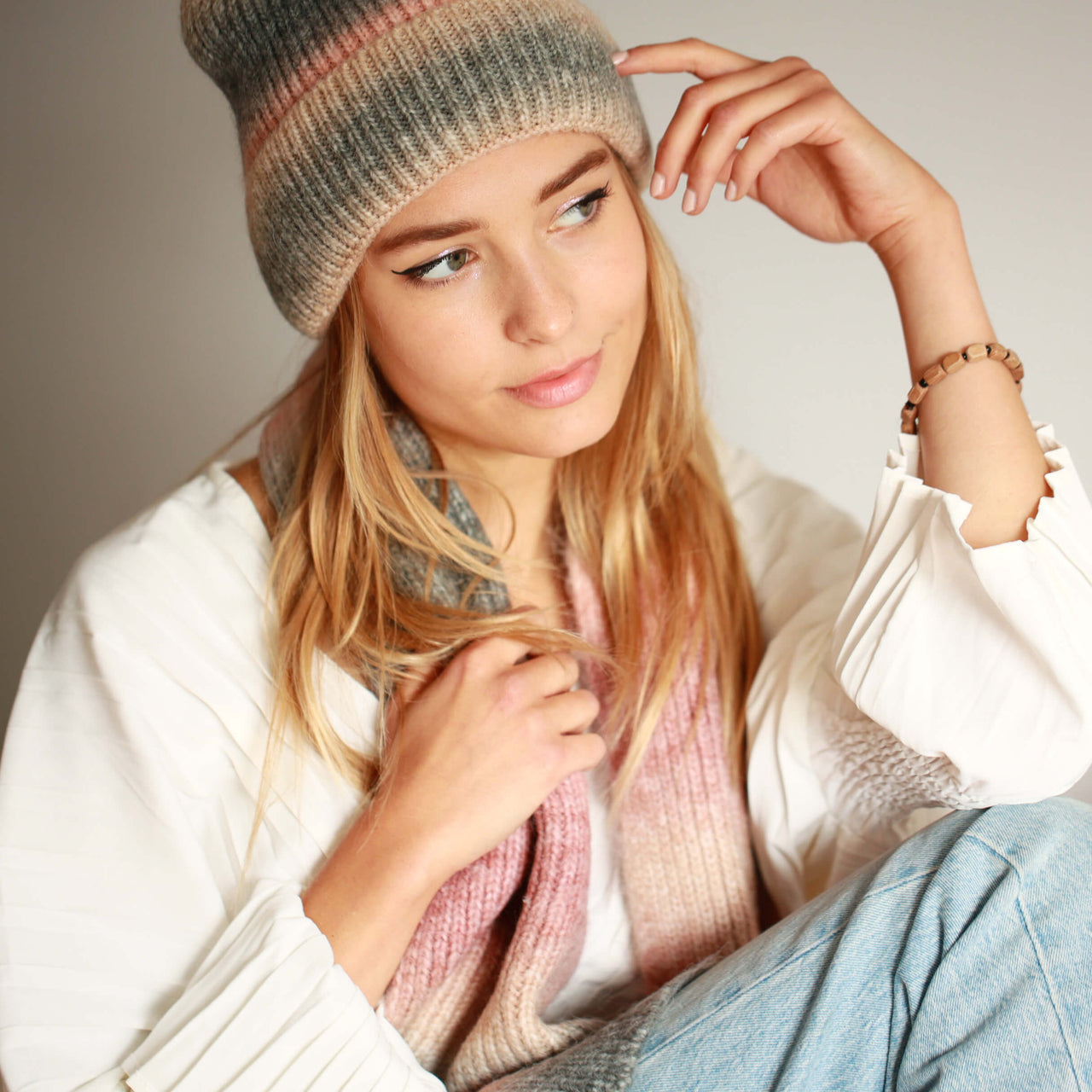 Cable Knit Scarf In Pink And Grey With Matching Hat